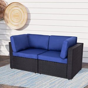 kinbor Black Wicker Patio Loveseat 2 PCS Outdoor Garden Furniture Set Rattan Corner Sofa with Thick Dark Blue Cushions