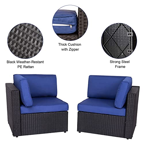 kinbor Black Wicker Patio Loveseat 2 PCS Outdoor Garden Furniture Set Rattan Corner Sofa with Thick Dark Blue Cushions