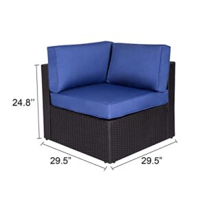 kinbor Black Wicker Patio Loveseat 2 PCS Outdoor Garden Furniture Set Rattan Corner Sofa with Thick Dark Blue Cushions