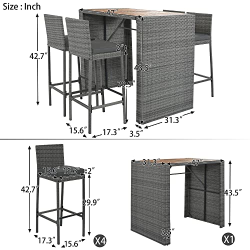 Quarte Modern 5-Piece Outdoor Patio Dining Set, Garden PE Rattan Wicker Bar Set, 4 Bar Height Chairs with Non-Slip Feet and Fixed Rope, Acacia Wood Table Top