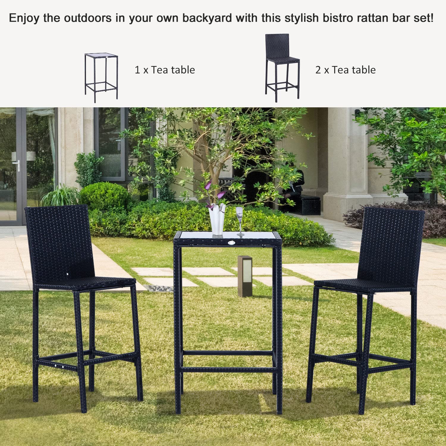 Outsunny 3pcs Rattan Bar Set with Glass Top Table, 2 Bar Stools for Outdoor, Patio, Garden, Poolside, Backyard