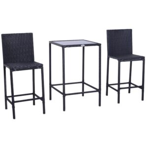 Outsunny 3pcs Rattan Bar Set with Glass Top Table, 2 Bar Stools for Outdoor, Patio, Garden, Poolside, Backyard