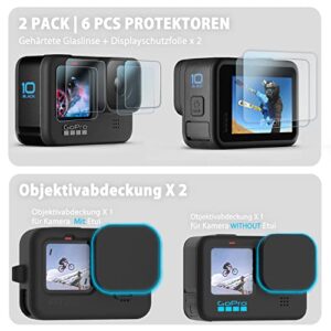 FitStill Silicone Rubber Case+2-Pack (6pcs) Tempered Glass Protector Compatible for Go Pro Hero11 / Hero10 / Hero9 Black,Soft Sleeve Cage Housing with Lens Cover Cap Lanyard Accessories Bundle Kit