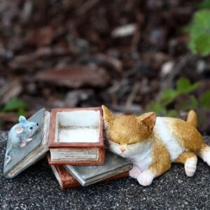 Top Collection Enchanted Story Garden Kitten Napping on Books Trinket Box and Ring Holder Outdoor Decor