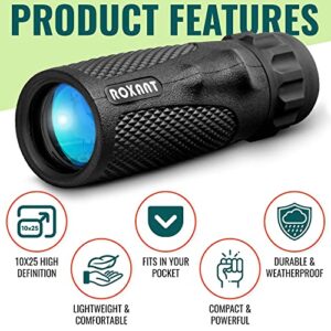 Roxant Viper Monocular Telescope - 10x25 High Definition Weatherproof Pocket Telescope with Hand Grip & BAK4 Prism - with Compact Monocular, Case, Wrist Strap, etc. Monoculars for Adults High Powered