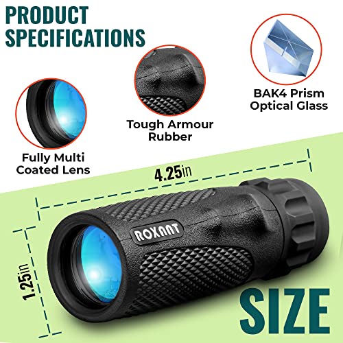 Roxant Viper Monocular Telescope - 10x25 High Definition Weatherproof Pocket Telescope with Hand Grip & BAK4 Prism - with Compact Monocular, Case, Wrist Strap, etc. Monoculars for Adults High Powered