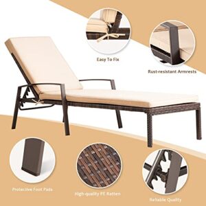 Pamapic Patio Lounge Chair Set 2 Pieces, Patio Chaise Lounges with Removable Cushion, PE Rattan Steel Frame Lounge Chair Set for Patio Backyard Porch Garden Poolside (Beige)