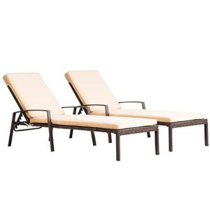 Pamapic Patio Lounge Chair Set 2 Pieces, Patio Chaise Lounges with Removable Cushion, PE Rattan Steel Frame Lounge Chair Set for Patio Backyard Porch Garden Poolside (Beige)