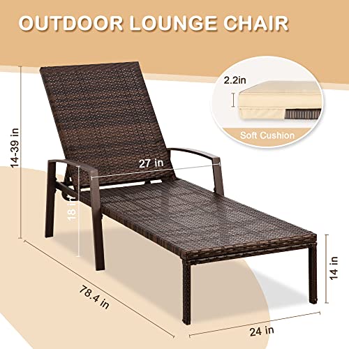 Pamapic Patio Lounge Chair Set 2 Pieces, Patio Chaise Lounges with Removable Cushion, PE Rattan Steel Frame Lounge Chair Set for Patio Backyard Porch Garden Poolside (Beige)