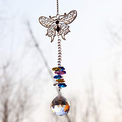 Clear Glass Crystal Ball Prism Pendant, Butterfly Crystal Suncatcher Hanging Crystals Ornament Rainbow Maker for Window Garden Decor, Gifts for Valentine's Day, Mother's Day, Wedding, Women, Mom