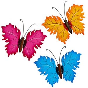 juegoal 3 pack metal butterfly wall art outdoor decor, leaf-shaped wing butterflies wall sculpture hanging for indoor outdoor home bedroom living room office garden yard patio