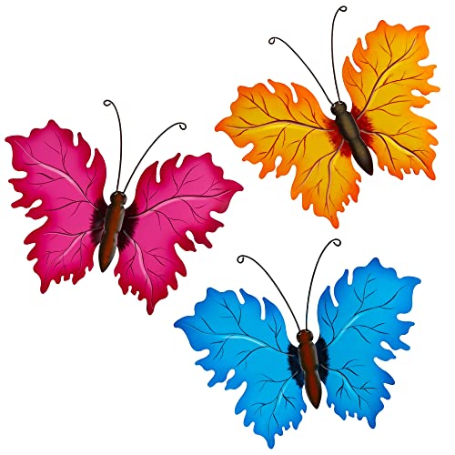 Juegoal 3 Pack Metal Butterfly Wall Art Outdoor Decor, Leaf-shaped Wing Butterflies Wall Sculpture Hanging for Indoor Outdoor Home Bedroom Living Room Office Garden Yard Patio