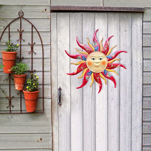 Daogtc Metal Sun Wall Art Decor-17.3 inches Rustic Retro Metal Sun Hanging Decoration for Indoor Outdoor,Metal Sun Art Sculpture for Home Garden Farmhouse Yard Patio Fence Living Room Bedroom(Red)