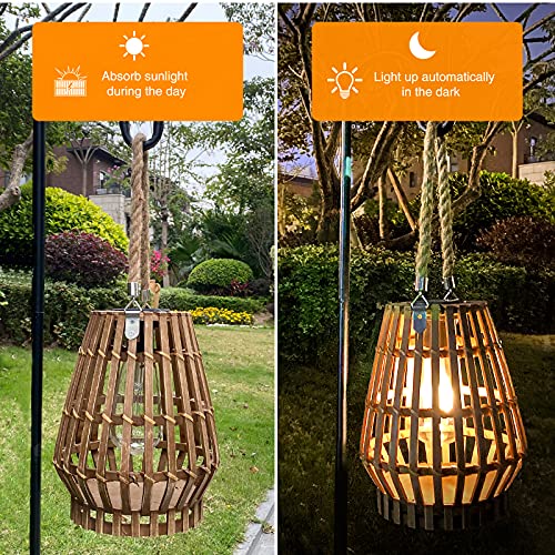 Hanging Solar Lantern Rattan Outdoor Lanterns for Patio Waterproof with Handle Large Bright Natural Bamboo Solar Table Lamp LED Lights Edison Bulb Design Decor for Wedding Yard Garden Farmhouse