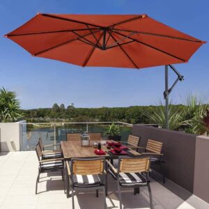 Jardin-Monde 10 FT Patio Umbrella Deluxe - Outdoor Deck Cantilever Umbrella, Hanging Market Offset Umbrella for Backyard Garden Poolside Lawn, Crank Lift & Cross Base, 8 Ribs - PS300-RED