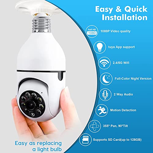 Light Bulb Security Camera 2.4GHz/5GHz WiFi 360 Wireless Light Bulb Camera for Home Security Motion Tracking Alarm, 1080P Light Socket Cameras Night Vision Two-Way Talk Compatible with Alexa, Tuya