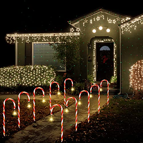 PLTCAT 10 Pack Christmas Candy Cane Lights with Hanging Star, 21 Inch Solar Christmas Pathway Makers, LED Stake Lights Waterproof for Xmas Indoor Outdoor Yard, Garden Decorations