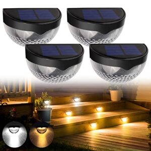 howeifull solar outdoor fence lights, waterproof solar powered deck lights, 4 pack solar garden lights for steps pathway patio backyard, warm white/cool white 2 lighting modes (black)