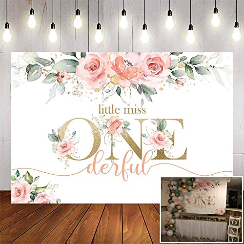 Avezano Miss Onederful Birthday Backdrop Pink Floral 1st Birthday Backdrop Sweet Baby Girl First Birthday Party Decoration Banner (7x5ft)