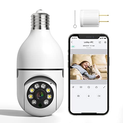 Yihoume Upgraded,Wireless Light Bulb Security Camera, 360°Panoramic 2K Surveillance Cam 2.4GHz Camera with Motion Detection Alarm Night Vision Two-Way-Talk Phone Remote View Indoor