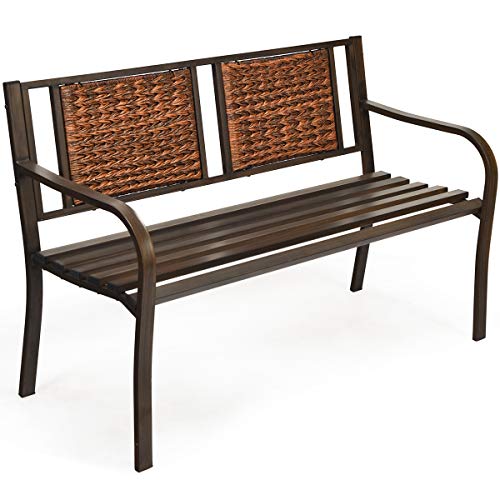 Safstar Outdoor Bench Seat, Metal Garden Bench with Elegant Rattan Backrest & Curved Armrest, 2-Person Loveseat for Front Porch Entry Way Patio Garden, Patio Garden Bench Park Bench Porch Bench