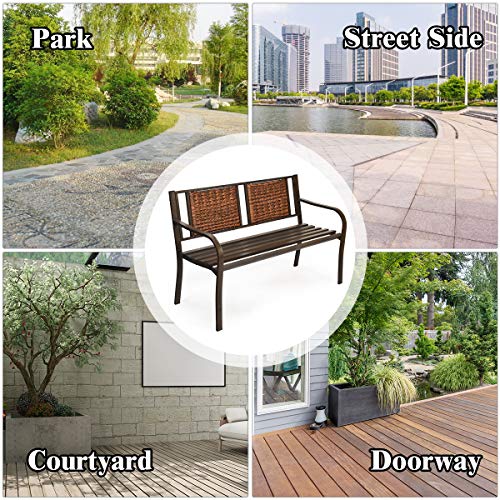 Safstar Outdoor Bench Seat, Metal Garden Bench with Elegant Rattan Backrest & Curved Armrest, 2-Person Loveseat for Front Porch Entry Way Patio Garden, Patio Garden Bench Park Bench Porch Bench