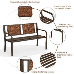 Safstar Outdoor Bench Seat, Metal Garden Bench with Elegant Rattan Backrest & Curved Armrest, 2-Person Loveseat for Front Porch Entry Way Patio Garden, Patio Garden Bench Park Bench Porch Bench