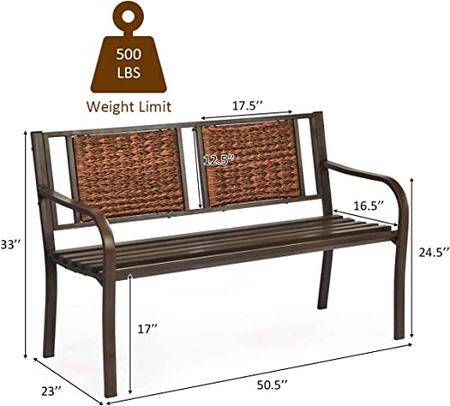 Safstar Outdoor Bench Seat, Metal Garden Bench with Elegant Rattan Backrest & Curved Armrest, 2-Person Loveseat for Front Porch Entry Way Patio Garden, Patio Garden Bench Park Bench Porch Bench