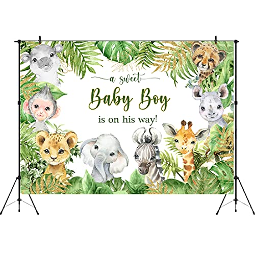 Aperturee 7x5ft Jungle Safari Animals Baby Shower Backdrop Baby Boy is On His Way It's a Boy Photography Background Green Leaves Photo Booth Studio Cake Table Banner Party Decorations Props Supplies