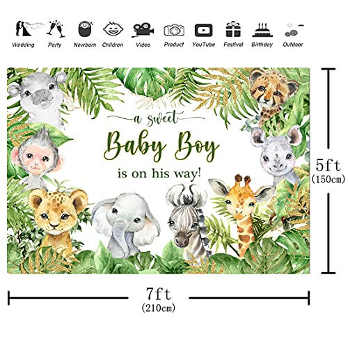 Aperturee 7x5ft Jungle Safari Animals Baby Shower Backdrop Baby Boy is On His Way It's a Boy Photography Background Green Leaves Photo Booth Studio Cake Table Banner Party Decorations Props Supplies