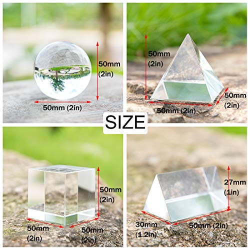 4 Pack Crystal Photography Prism Set, Include 50mm Crystal Ball, 50mm Crystal Cube, 50mm Triangular Prism, 50mm Optical Pyramid with Wiper Cloth and Box, Photography Accessory