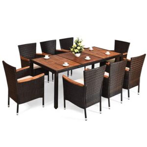 reuniong 9pcs outdoor patio dining set, garden rattan wick furniture set w/acacia wood table and stackable armrest chairs, garden dining set for patio, poolside, balcony and indoor, cushions included