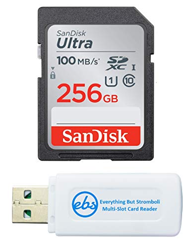 SanDisk 256GB SDXC SD Ultra Memory Card Works with Canon EOS Rebel T7, Rebel T6, 77D Digital Camera Class 10 (SDSDUNR-256G-GN6IN) Bundle with (1) Everything But Stromboli Combo Card Reader