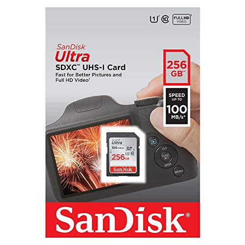 SanDisk 256GB SDXC SD Ultra Memory Card Works with Canon EOS Rebel T7, Rebel T6, 77D Digital Camera Class 10 (SDSDUNR-256G-GN6IN) Bundle with (1) Everything But Stromboli Combo Card Reader