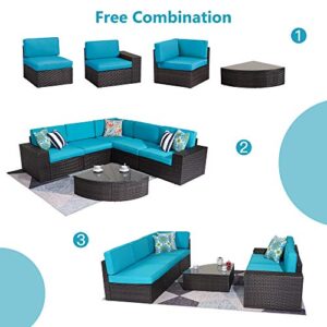 HEYNEMO Outdoor Patio Furniture Sets, 6 Pieces Outdoor Sectional Rattan Sofa, Black PE Wicker Patio Conversation Sets with Washable Cushion and Tempered Glass Table, Straight Arm, Alloy Steel Frame