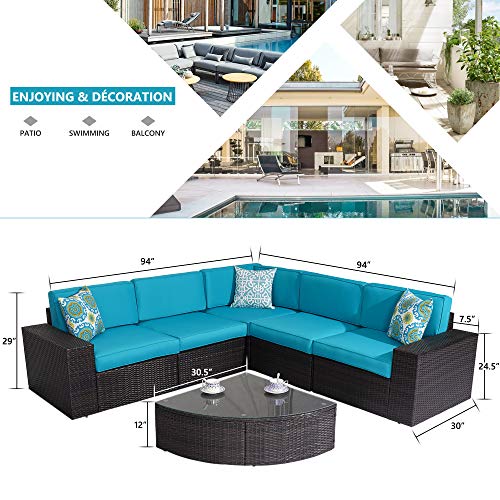 HEYNEMO Outdoor Patio Furniture Sets, 6 Pieces Outdoor Sectional Rattan Sofa, Black PE Wicker Patio Conversation Sets with Washable Cushion and Tempered Glass Table, Straight Arm, Alloy Steel Frame