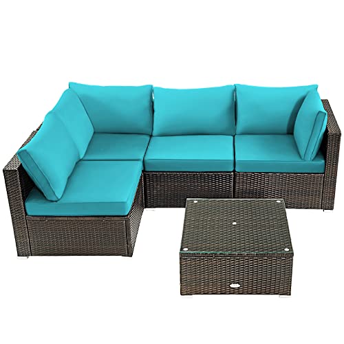 HAPPYGRILL 5PCS Patio Furniture Set Outdoor Rattan Wicker Sofa Set with Coffee Table Sectional Sofa Conversation Set with Pillows Cushions for Backyard Porch Garden Poolside