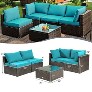 HAPPYGRILL 5PCS Patio Furniture Set Outdoor Rattan Wicker Sofa Set with Coffee Table Sectional Sofa Conversation Set with Pillows Cushions for Backyard Porch Garden Poolside