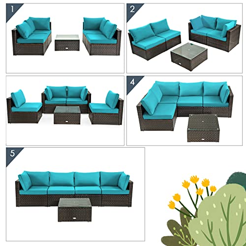 HAPPYGRILL 5PCS Patio Furniture Set Outdoor Rattan Wicker Sofa Set with Coffee Table Sectional Sofa Conversation Set with Pillows Cushions for Backyard Porch Garden Poolside