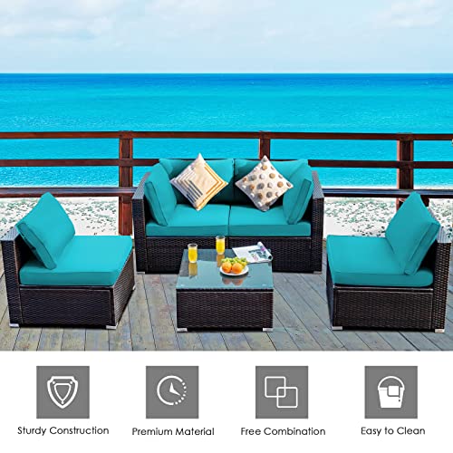 HAPPYGRILL 5PCS Patio Furniture Set Outdoor Rattan Wicker Sofa Set with Coffee Table Sectional Sofa Conversation Set with Pillows Cushions for Backyard Porch Garden Poolside