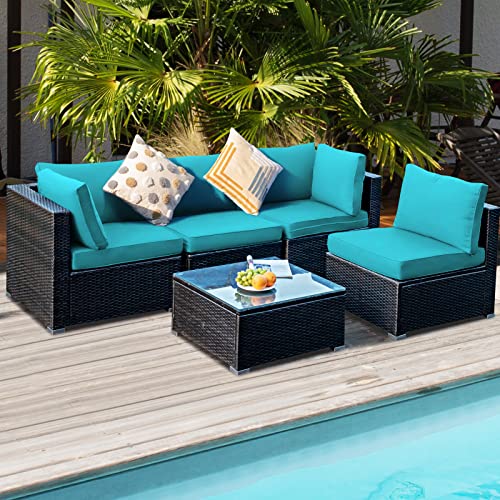 HAPPYGRILL 5PCS Patio Furniture Set Outdoor Rattan Wicker Sofa Set with Coffee Table Sectional Sofa Conversation Set with Pillows Cushions for Backyard Porch Garden Poolside