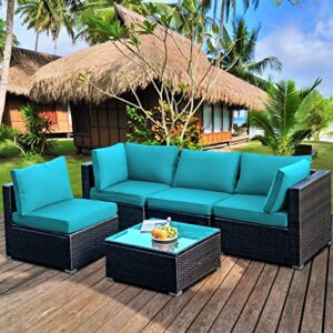 HAPPYGRILL 5PCS Patio Furniture Set Outdoor Rattan Wicker Sofa Set with Coffee Table Sectional Sofa Conversation Set with Pillows Cushions for Backyard Porch Garden Poolside