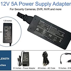 SOLTECH 12V 5A CCTV Adapter, Wisenet Compatible Security Camera Power Supply with 8-Way Splitter, AC DC Converter 100-240V to 12V 5A 60W Transformer, with Samsung Wisenet, Night Owl, Q-See, Black