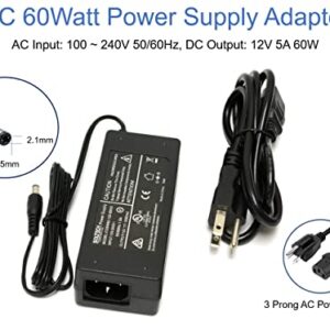 SOLTECH 12V 5A CCTV Adapter, Wisenet Compatible Security Camera Power Supply with 8-Way Splitter, AC DC Converter 100-240V to 12V 5A 60W Transformer, with Samsung Wisenet, Night Owl, Q-See, Black