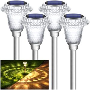 denicmic solar outdoor lights 4 pack garden pathway lights led landscape lights waterproof stainless steel glass yard stake walkway lighting for sidewalk, driveway, lawn, patio (warm white)