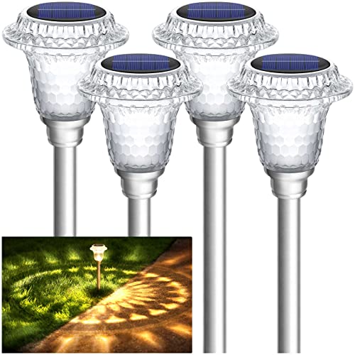 DenicMic Solar Outdoor Lights 4 Pack Garden Pathway Lights LED Landscape Lights Waterproof Stainless Steel Glass Yard Stake Walkway Lighting for Sidewalk, Driveway, Lawn, Patio (Warm White)