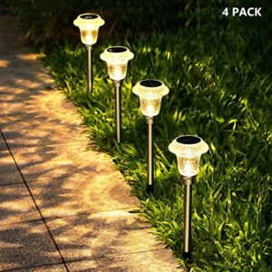 DenicMic Solar Outdoor Lights 4 Pack Garden Pathway Lights LED Landscape Lights Waterproof Stainless Steel Glass Yard Stake Walkway Lighting for Sidewalk, Driveway, Lawn, Patio (Warm White)