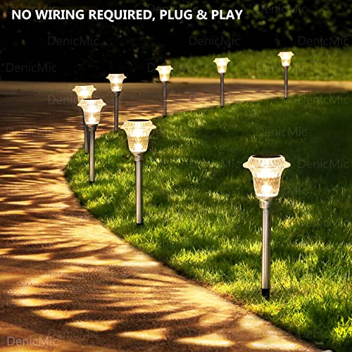 DenicMic Solar Outdoor Lights 4 Pack Garden Pathway Lights LED Landscape Lights Waterproof Stainless Steel Glass Yard Stake Walkway Lighting for Sidewalk, Driveway, Lawn, Patio (Warm White)