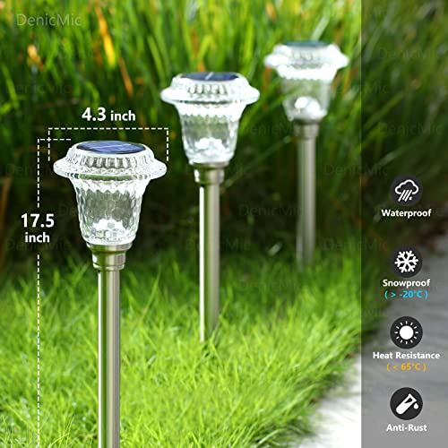 DenicMic Solar Outdoor Lights 4 Pack Garden Pathway Lights LED Landscape Lights Waterproof Stainless Steel Glass Yard Stake Walkway Lighting for Sidewalk, Driveway, Lawn, Patio (Warm White)