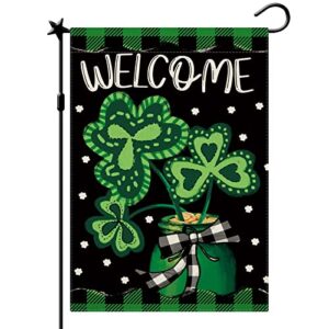 cmegke st patrick’s day garden flag, st patrick’s day green shamrocks welcome garden flag, spring summer garden flag rustic vertical double sided burlap st patricks day party holiday farmhouse yard home outside decor 12.5 x 18 in